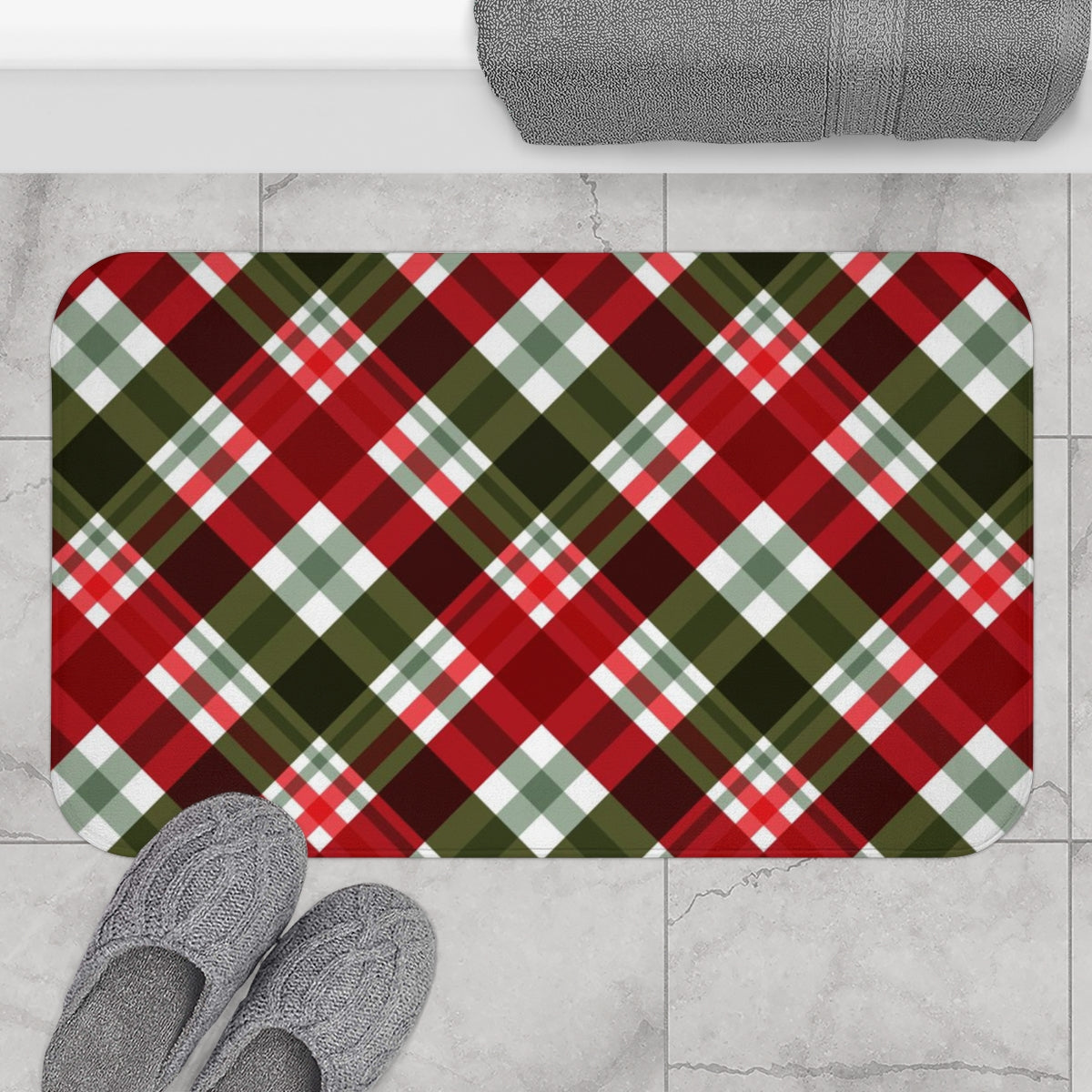 Christmas Bath Mat | Red Green White Plaid Pattern